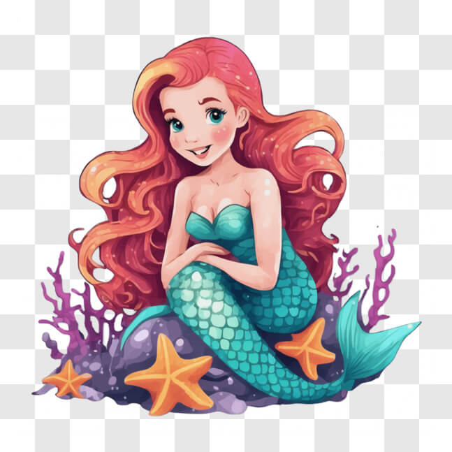 Download Little Mermaid Sitting on Rock with Starfish and Seashells ...