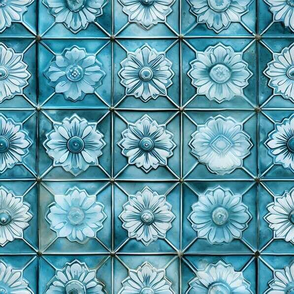 Download Decorative Blue Tiled Background with Flowers and Shapes ...