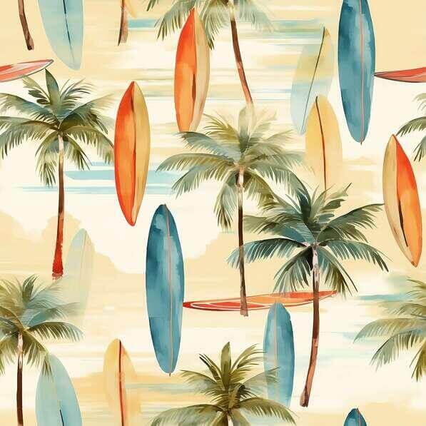 Download Tropical Beach Seamless Pattern with Palm Trees and Surfboards ...