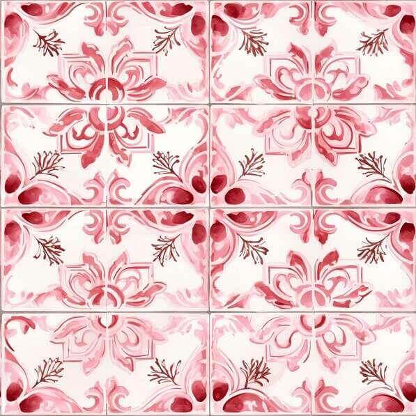 Download Red and White Tiled Tiles with Ornate Floral Designs Patterns ...