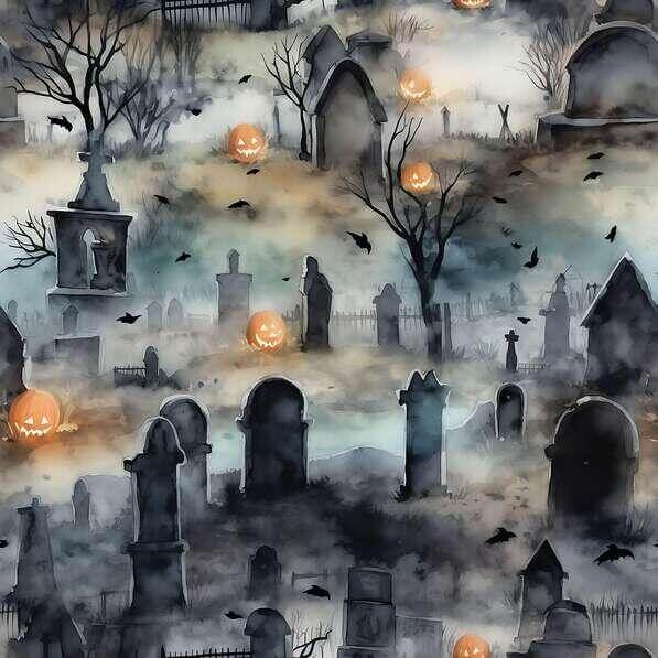Download Halloween Graveyard Seamless Pattern with Pumpkins and Ghostly ...
