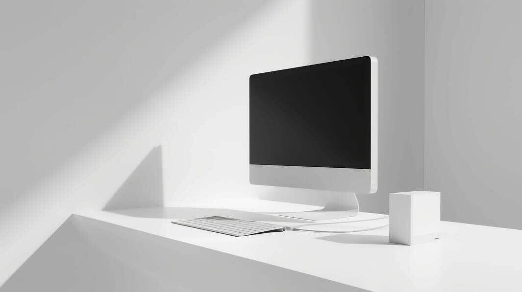 Download White Computer Monitor, Keyboard, and Mouse on Desk with Empty ...