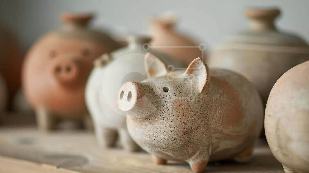 Group of Ceramic Pig Figurines on Shelf stock photo | Creative Fabrica