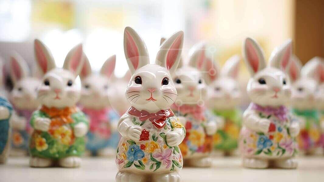Colorful Ceramic Easter Bunny Figurines stock photo | Creative Fabrica