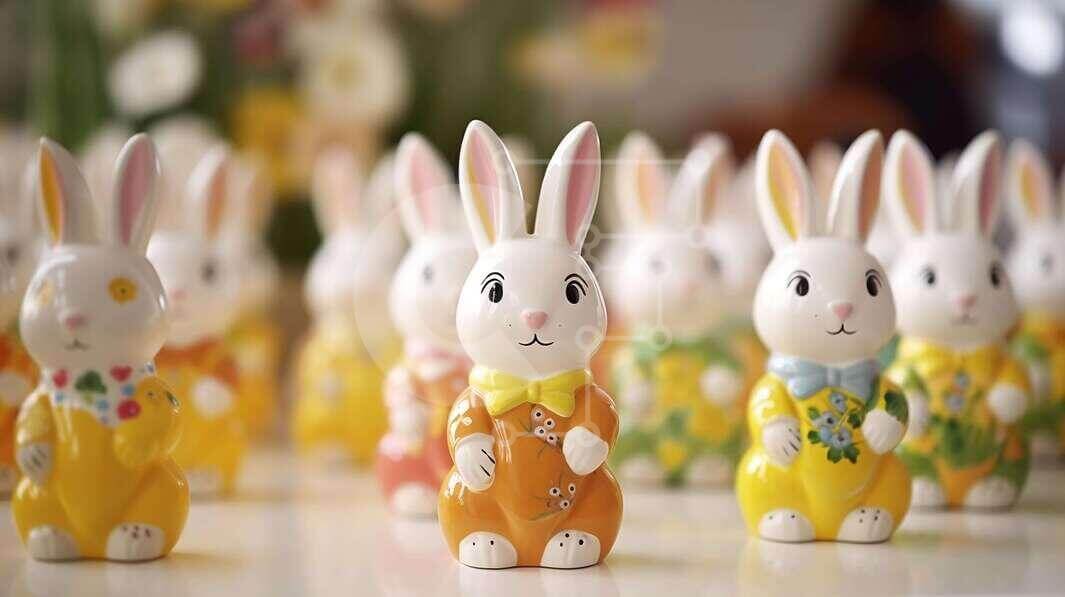 Vibrant Ceramic Bunny Figurines for Easter Decorations stock photo ...