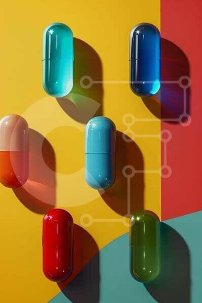 Vibrant Pill Capsules on Colorful Background stock photo | Creative Fabrica