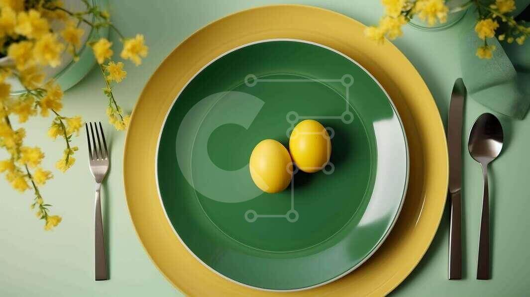Easter Brunch Table Setting with Eggs and Yellow Flowers stock photo ...