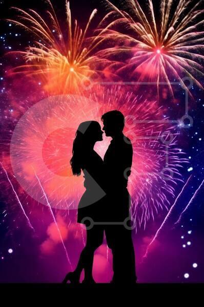 Romantic Couple Silhouette Kissing Under Fireworks stock photo ...