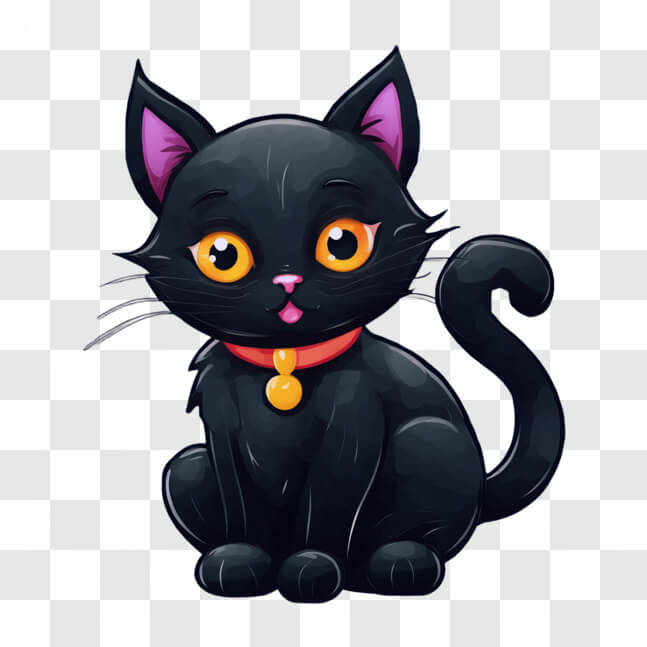 Télécharger Chat Noir avec Collier Orange et Yeux Jaunes Dessins animés En Ligne - Creative Fabrica