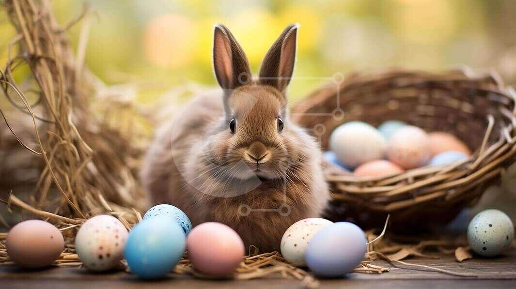 Rabbit and Easter Eggs - Holiday Celebration stock photo | Creative Fabrica