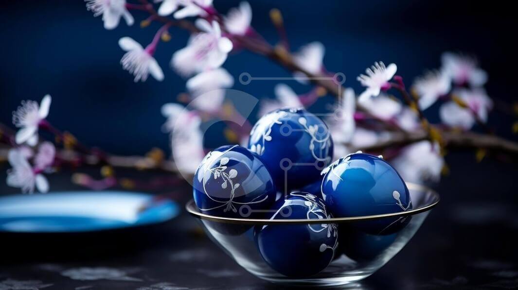 Colorful Easter Eggs in Glass Bowl with Flowers and Branches stock ...