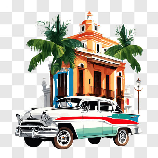 Download Vintage Car in Cuba with Colorful Building and Palm Trees PNGs ...