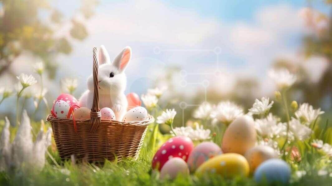 Lapin de Pâques et œufs colorés dans l'herbe du printemps photo stock ...