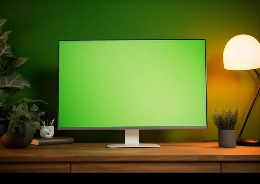 Download Workspace with Green-Screen Computer Monitor and Lamp Mockups ...
