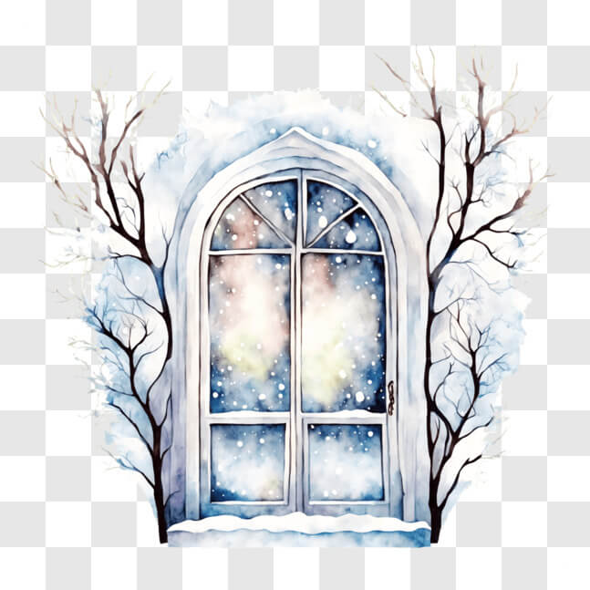 Download Arched Window Watercolor Painting with Snowy Branches PNGs ...