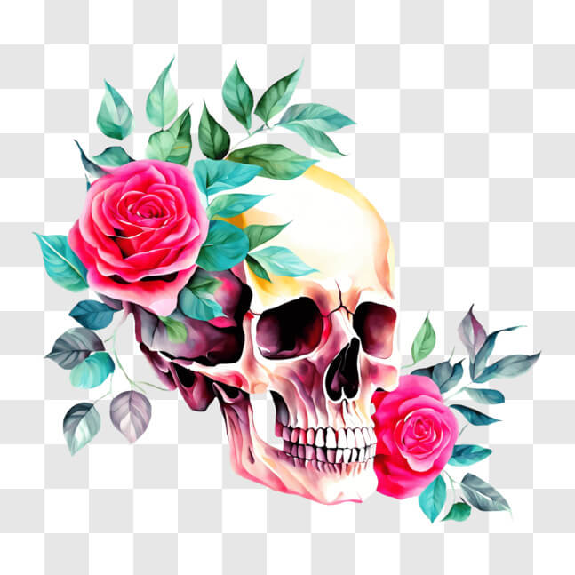 Download Skull with Pink Roses and Leaves PNGs Online - Creative Fabrica
