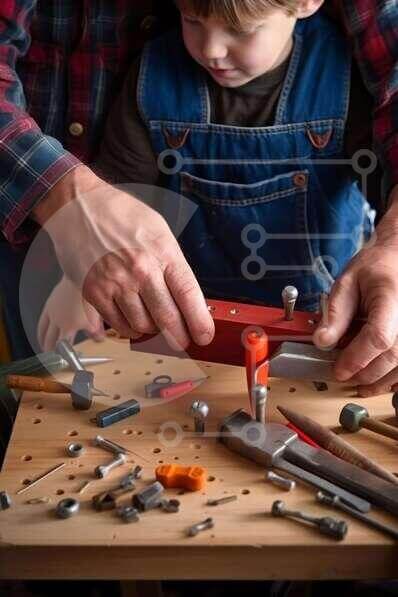 Adult and Child Workshop Collaboration with Tools stock photo ...