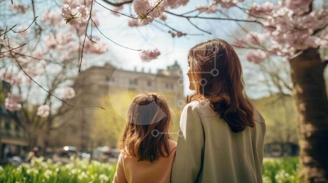Mother and Daughter Enjoying Cherry Blossom Trees stock photo ...