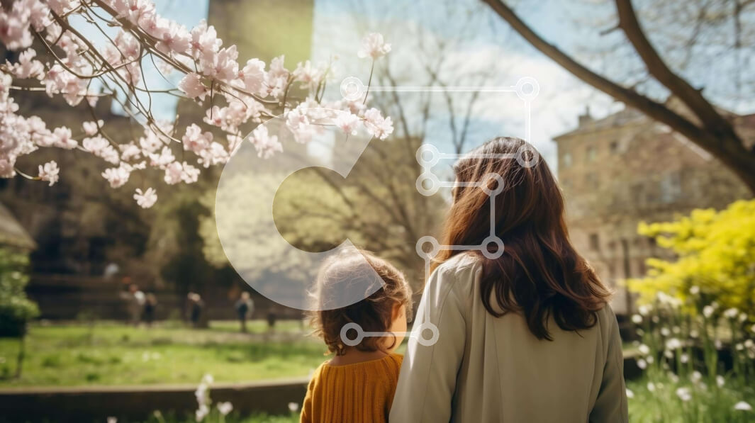 Download Mother and Child in Spring Park with Cherry Blossom Trees ...