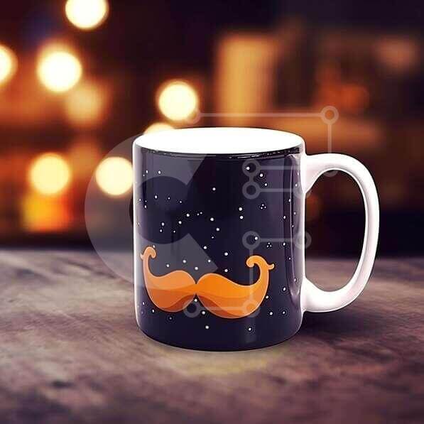 Black Coffee Mug with Orange Mustache Design on Table stock photo ...