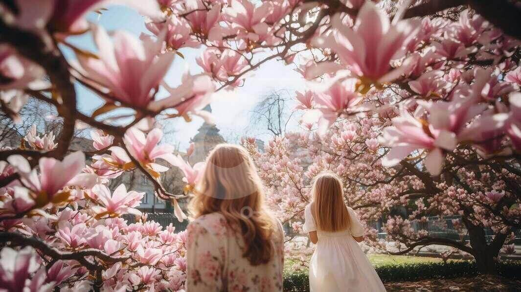 Idyllic Scene of Women Walking Among Blossoming Magnolia Trees stock ...