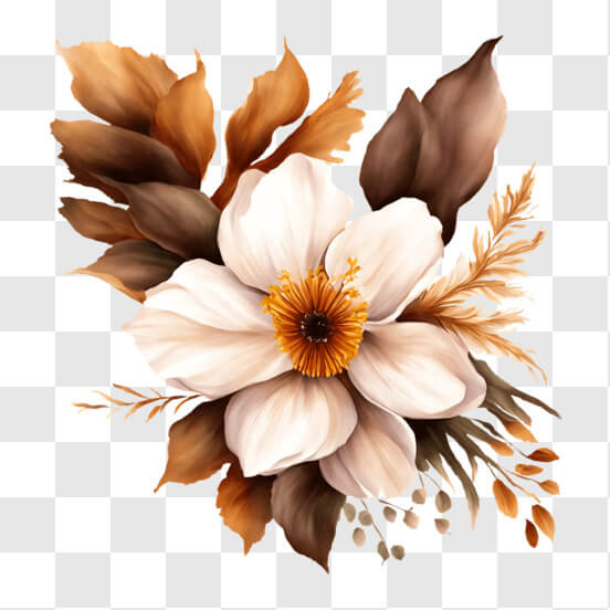 Download White Flower with Yellow Petals and Brown Leaves in Foreground ...