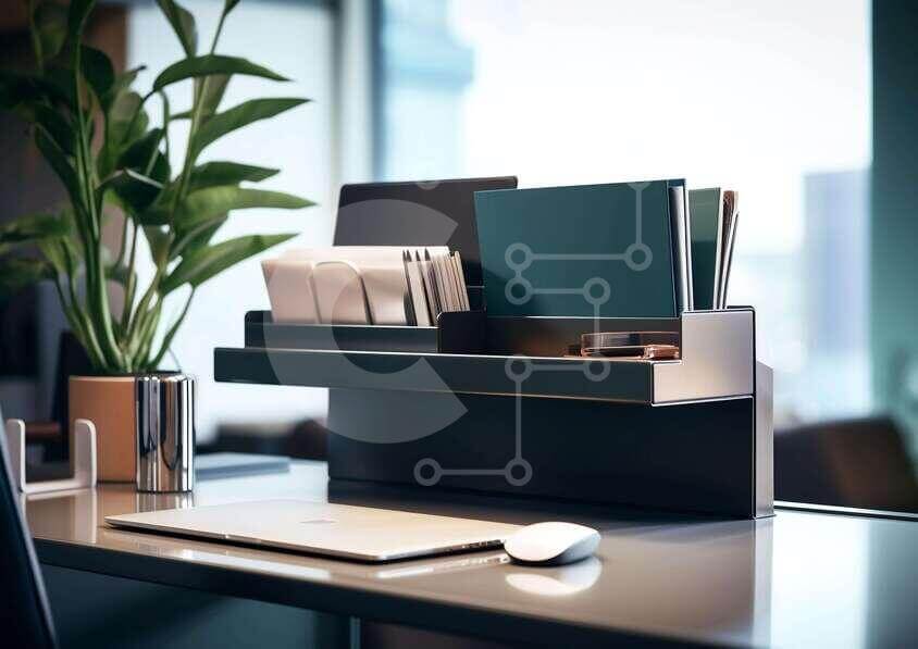 Professional Work Desk with Laptop Computer and Office Supplies stock ...