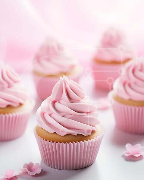 Delicious Assorted Cupcakes with Pink Icing and Flowers stock photo ...