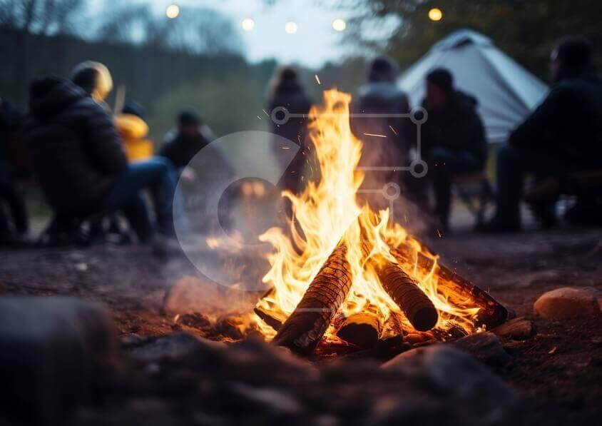 Cozy Campfire Scene with Tents in the Background stock photo | Creative ...
