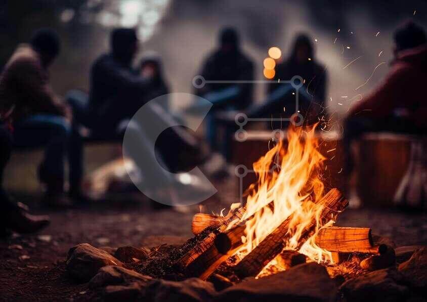 Campfire Gathering in the Dark Outdoors stock photo | Creative Fabrica