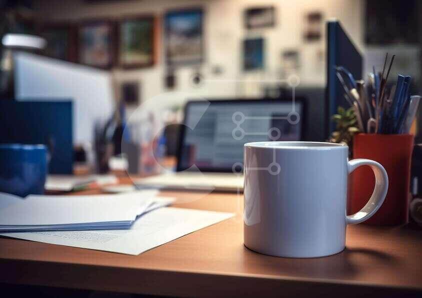 Office Desk with Laptop and Coffee Mug stock photo | Creative Fabrica