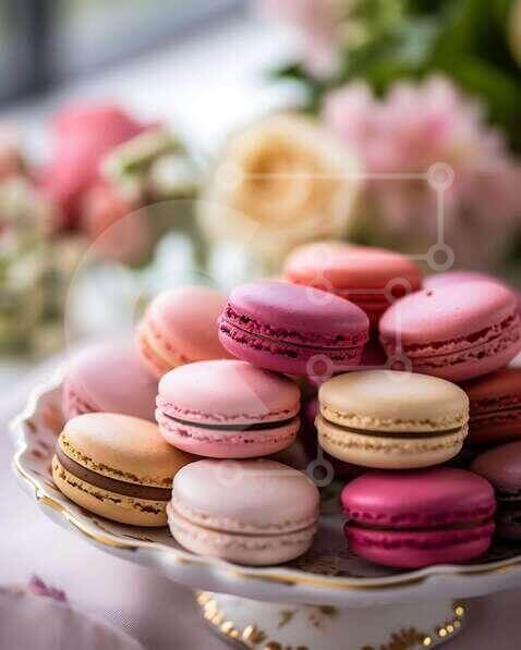 Delectable Macaroons and Flowers Arranged on a Plate stock photo ...