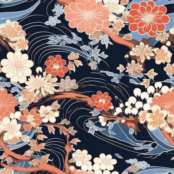 Download Japanese Floral Pattern with Blue, Pink, and Orange Flowers ...