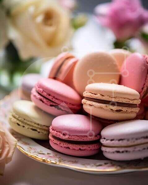 Delicious and Colorful Macaroons and Roses Plate stock photo | Creative ...