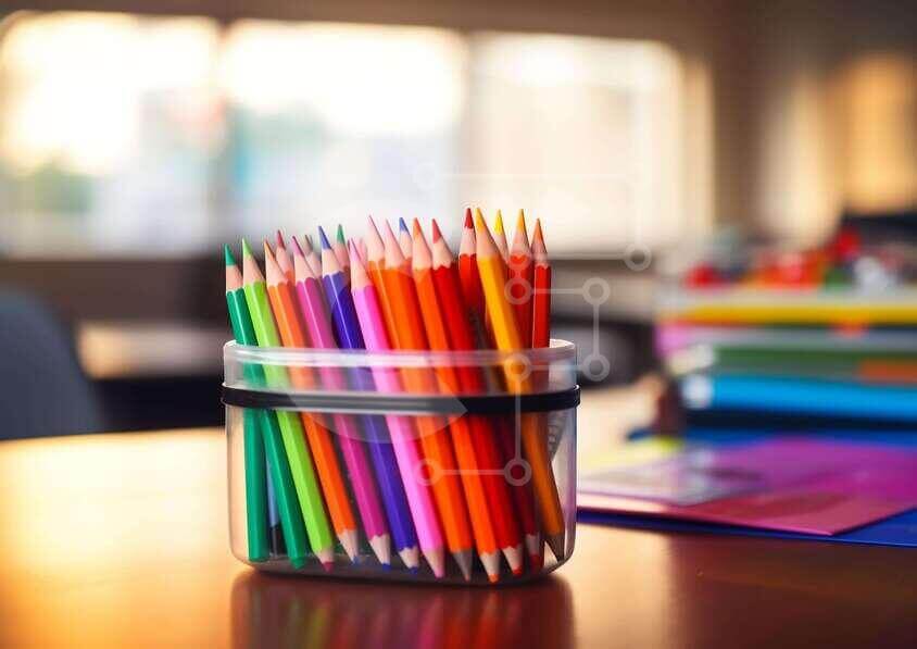 Colorful Pencils and Stationery in Educational Setting stock photo ...