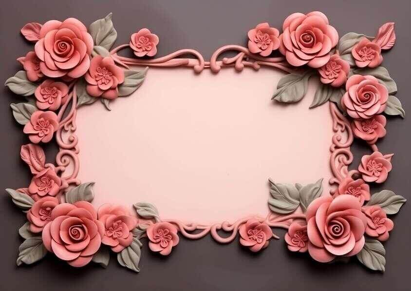 Download 3D Frame with Pink Roses and Leaves on Gray Background ...
