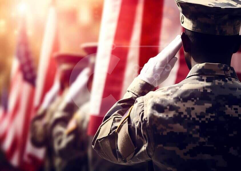 Patriotic Military Personnel Saluting American Flags stock photo ...