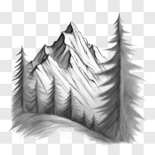Download Mountain Landscape Drawing with Pine Trees and Snowy Mountains ...