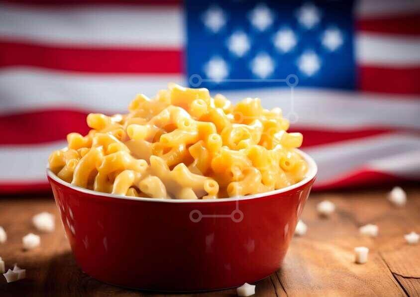 Homey Macaroni and Cheese with American Flag stock photo | Creative Fabrica