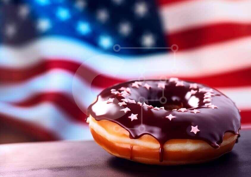 Patriotic Chocolate Frosted Donut with American Flag stock photo ...