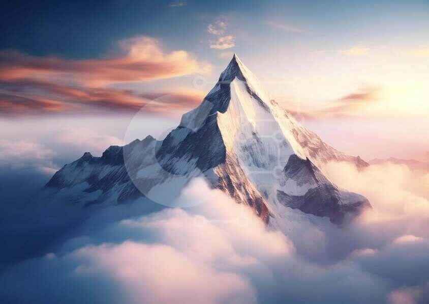 Snowy Mountain Peak in the Clouds - Aerial View stock photo | Creative ...