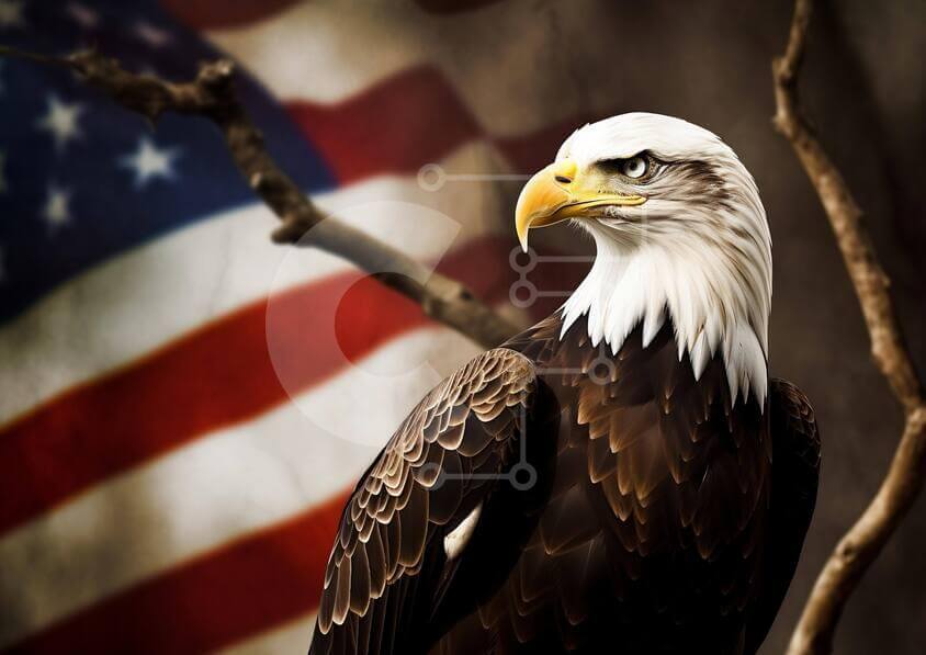 Majestic American Bald Eagle with the American Flag stock photo ...
