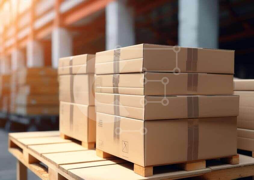 Industrial Warehouse with Cardboard Boxes on Wooden Pallets stock photo ...