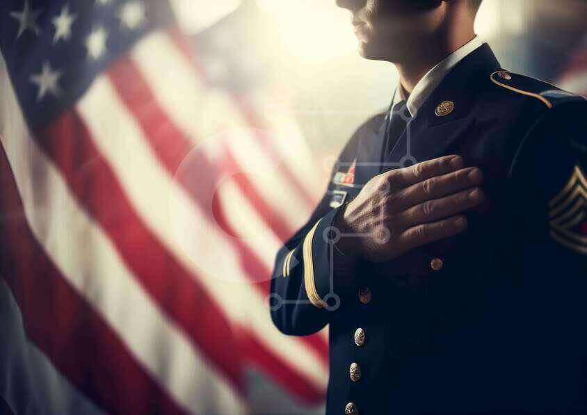 Patriotic Military Member Standing with American Flags stock photo ...