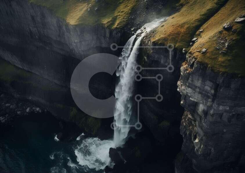 Aerial View of Waterfall Flowing into the Ocean stock photo | Creative ...