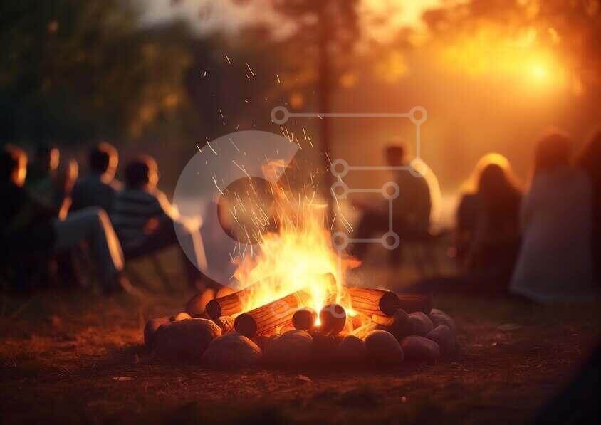 Cozy Campfire in the Forest at Sunset stock photo | Creative Fabrica