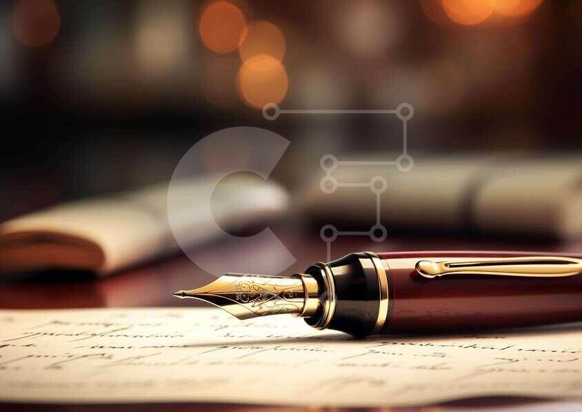 Fountain Pen on Open Paper with Books stock photo | Creative Fabrica