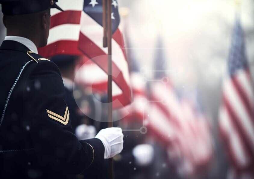Patriotic Soldier Marching with American Flag stock photo | Creative ...