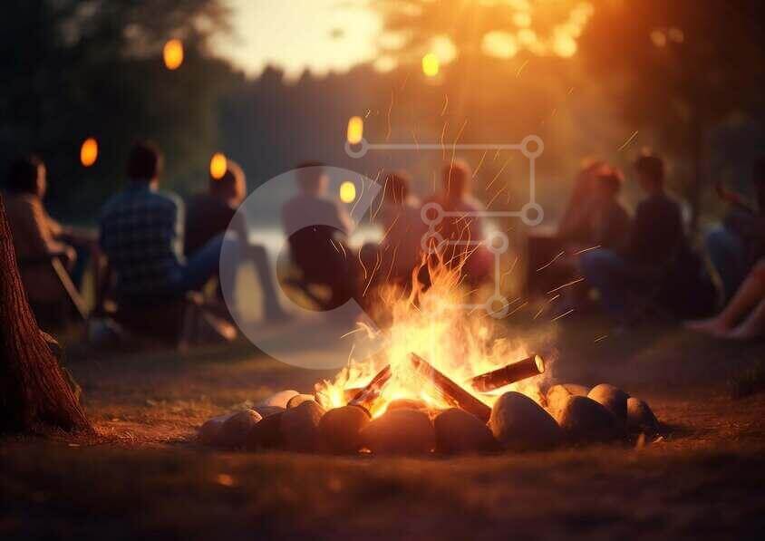Group of People Enjoying Sunset Campfire in the Woods stock photo ...
