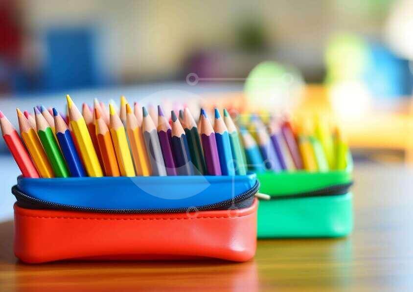 Vibrant Colorful Pencil Case with Assorted Colored Pencils stock photo ...